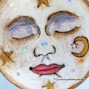 Celestial Moon Face Wood Slice Ornaments Holographic Stars Moon Face ...