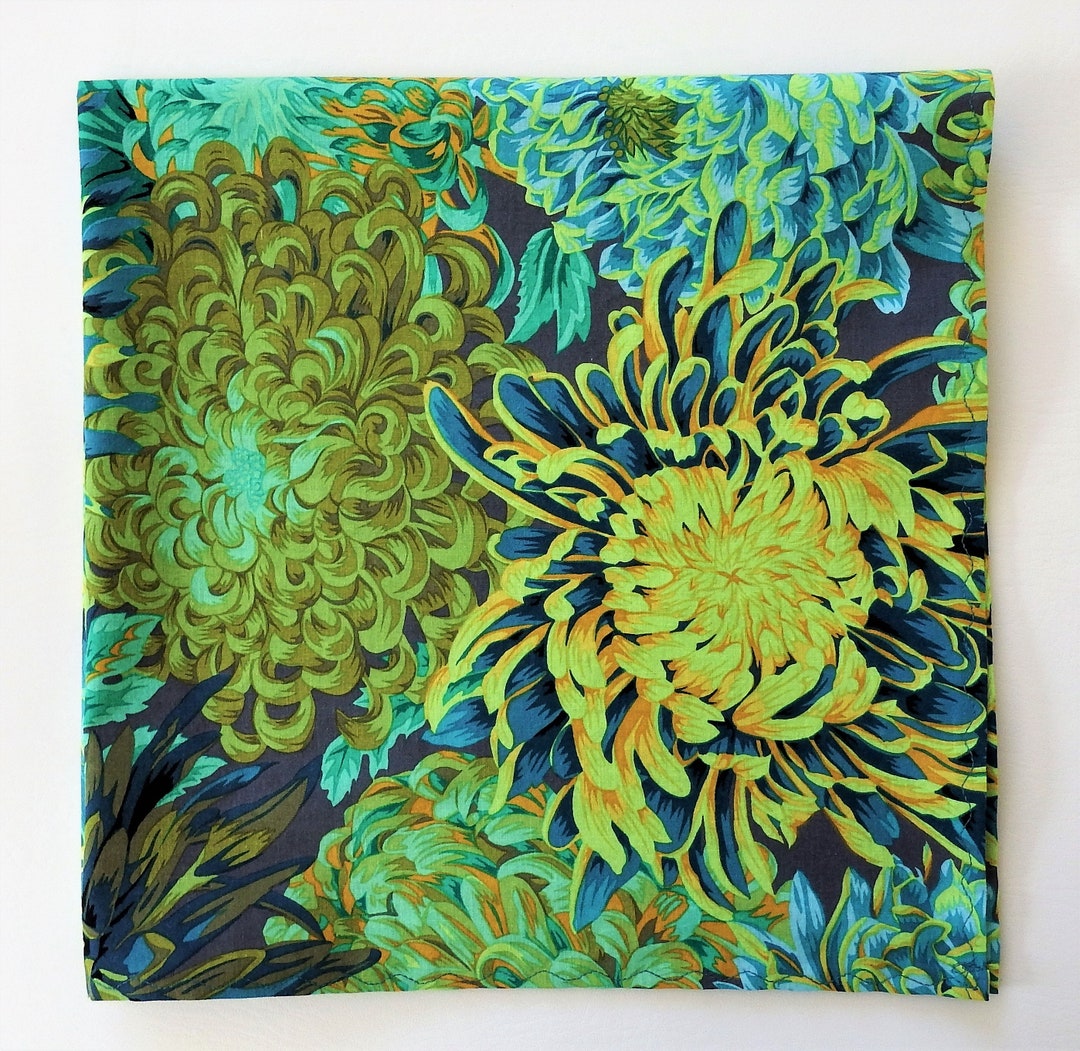 Japanese Chrysanthemum Bandana, Green Floral Scarf, 24 Square, Kaffe ...