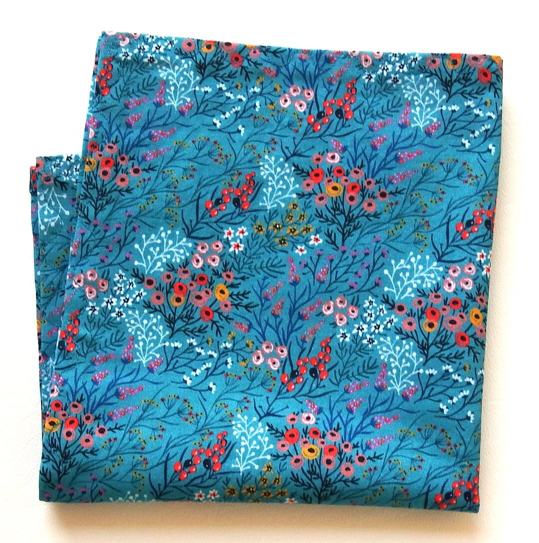 Cotton Handkerchief, Teal Windswept Floral, Weddings, 11 Pocket Square, Ranunculus, Pretty Cloth ...