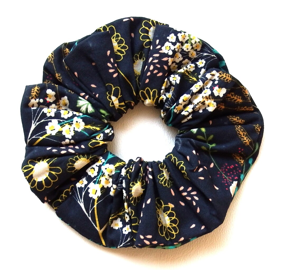 Reversible Navy Blue Floral Scrunchie: Handmade Cotton Hair Accessory ...