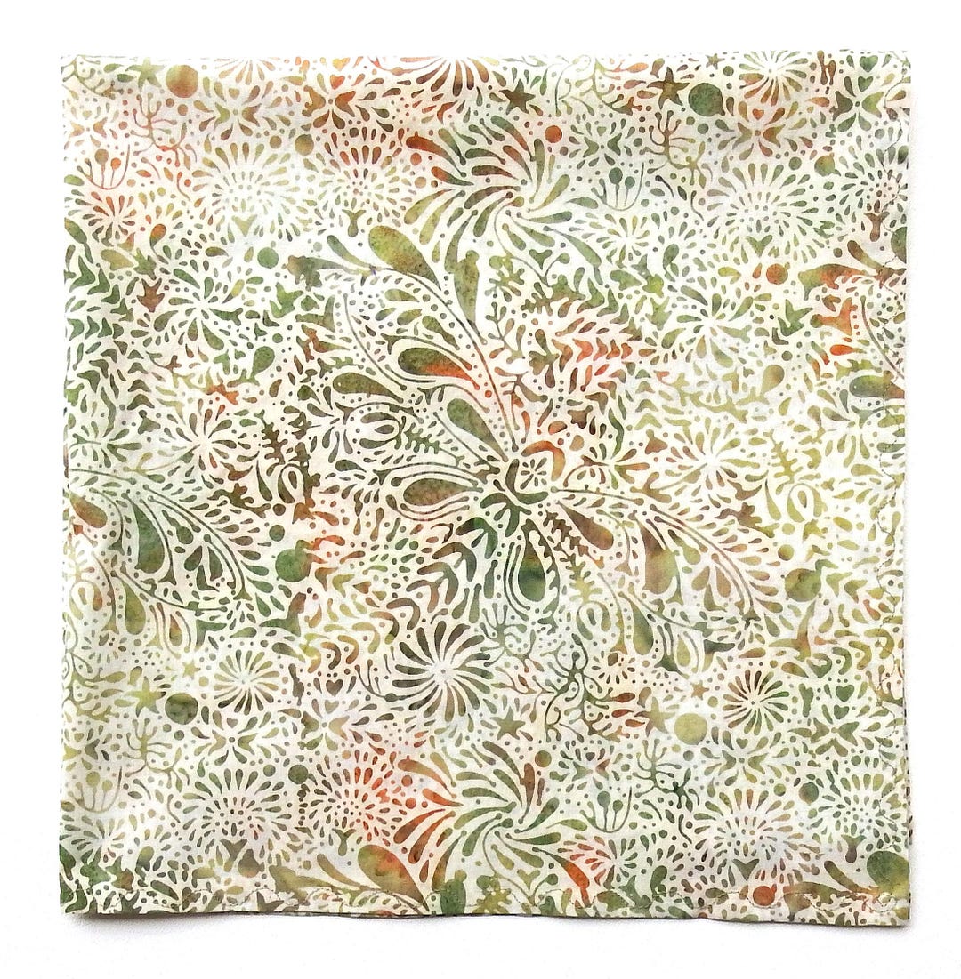 Hand Dyed Batik Bandana: Sage Green, Rust Leaves & Flowers, 22" Square ...