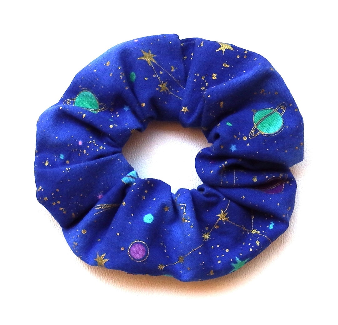 Hair Scrunchies, Space Galaxy, Saturn, Stars, Bright Blue Cotton Fabric ...