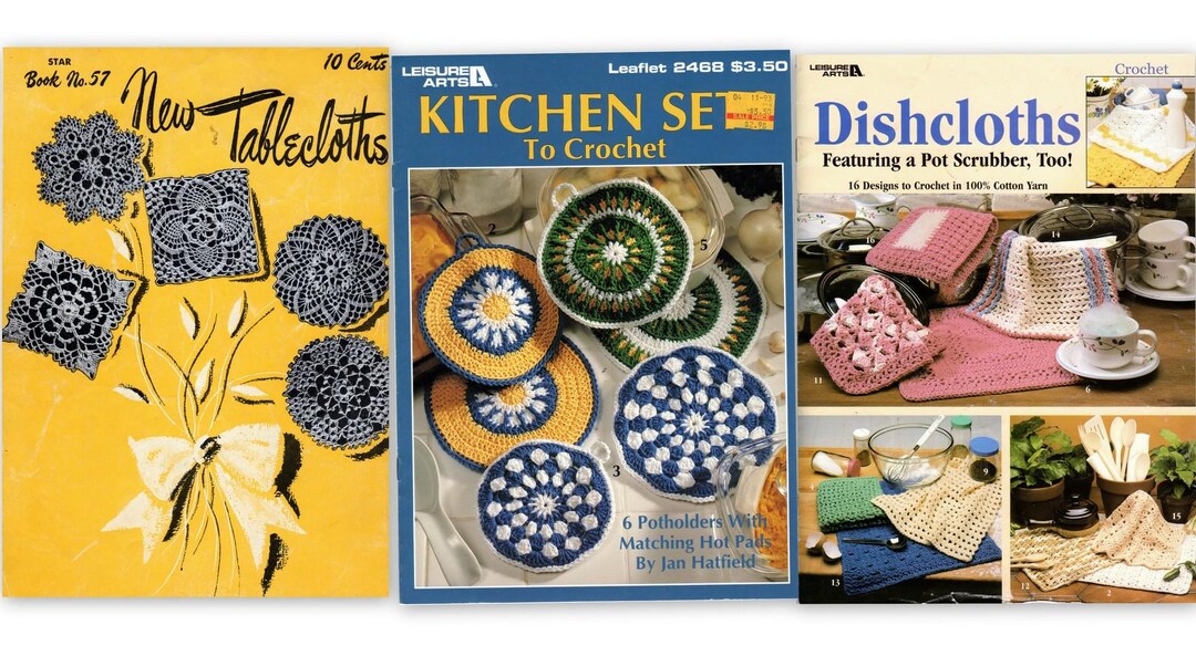 Crochet Leaflets Lot of 3, Dishcloths & Pot Scrubber, Kitchen Sets ...