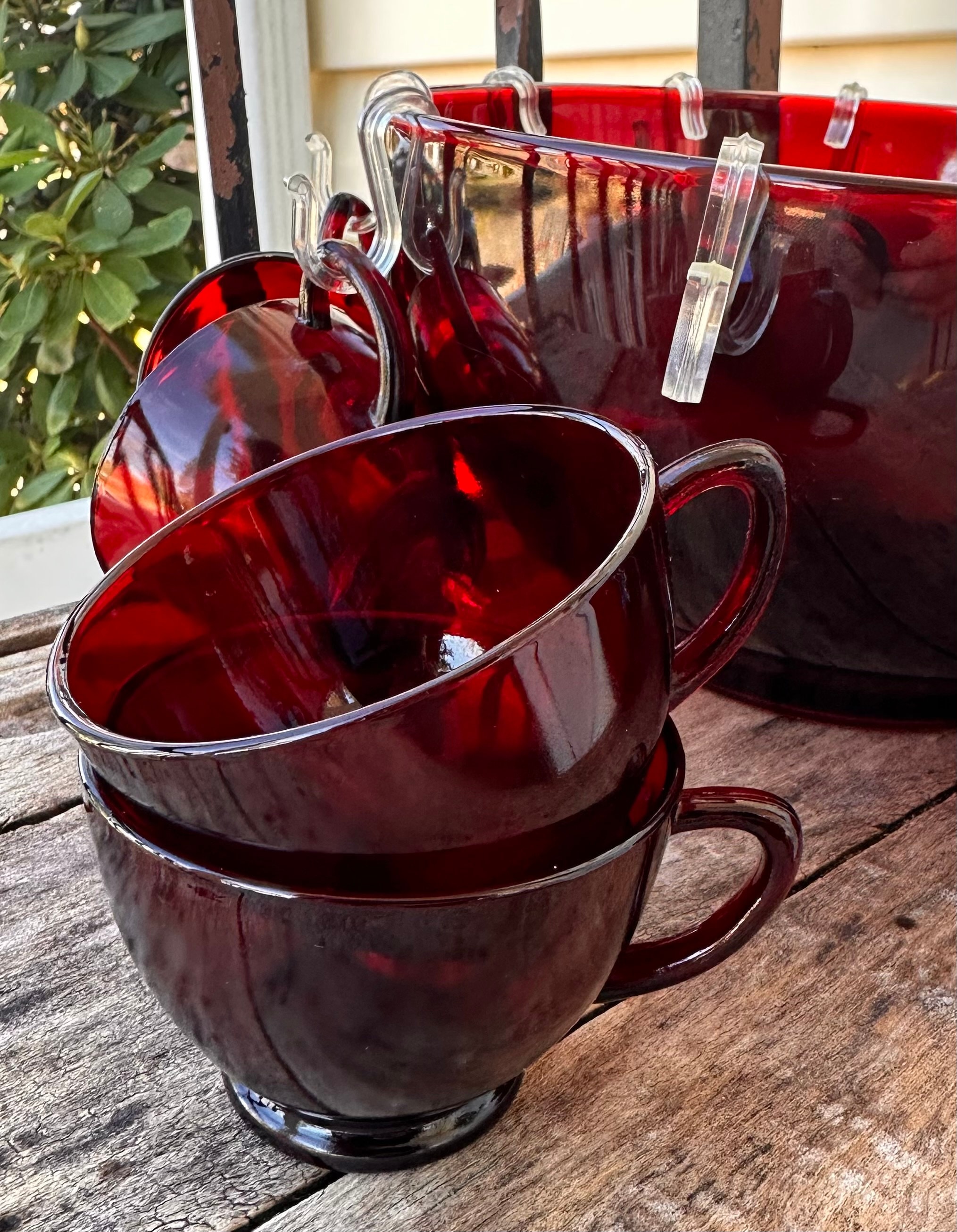 Vintage Anchor Hocking Ruby Red Glass Punch Bowl Set With 12 Hooks and ...