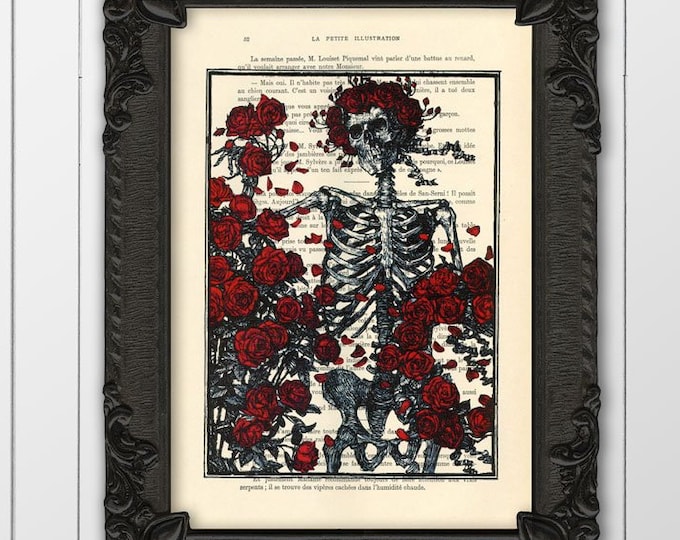 Skeleton With Roses Print, Skull Red Roses Art, Death and Love Eternal ...