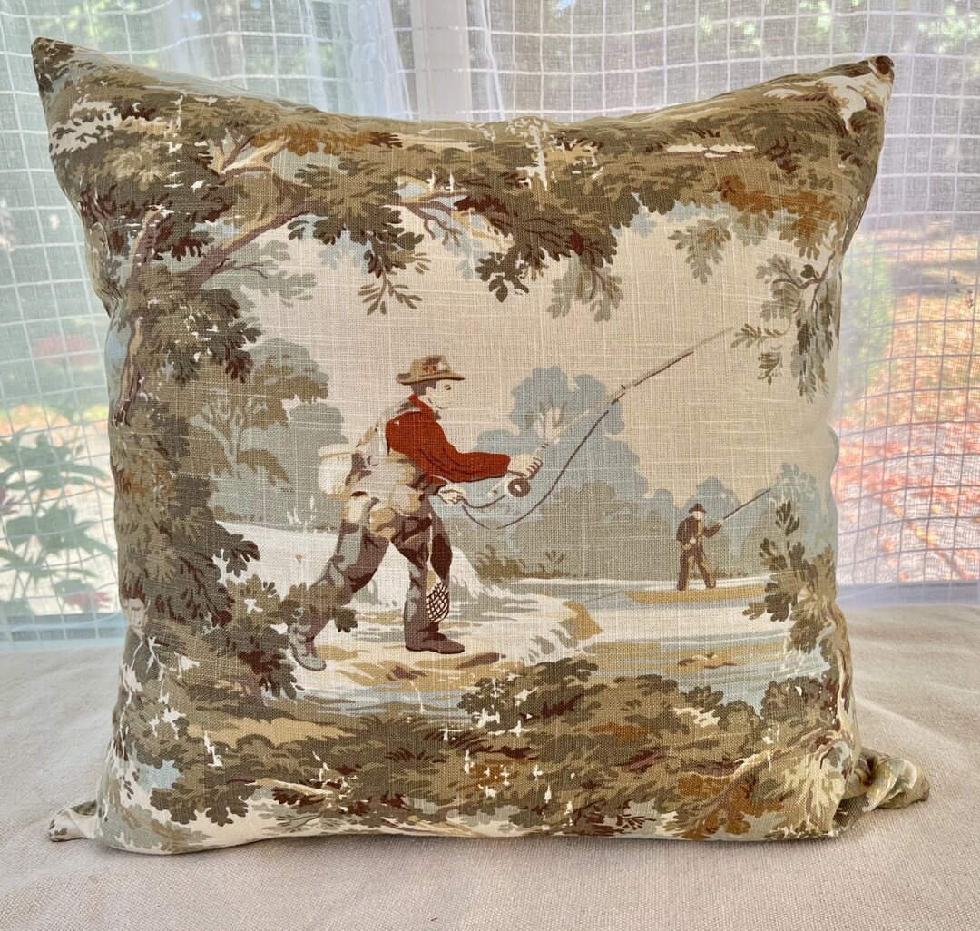 Fly Fishing Toile Pillow Cover, Linen Blend, Cabin Decor, Fly Fishing ...