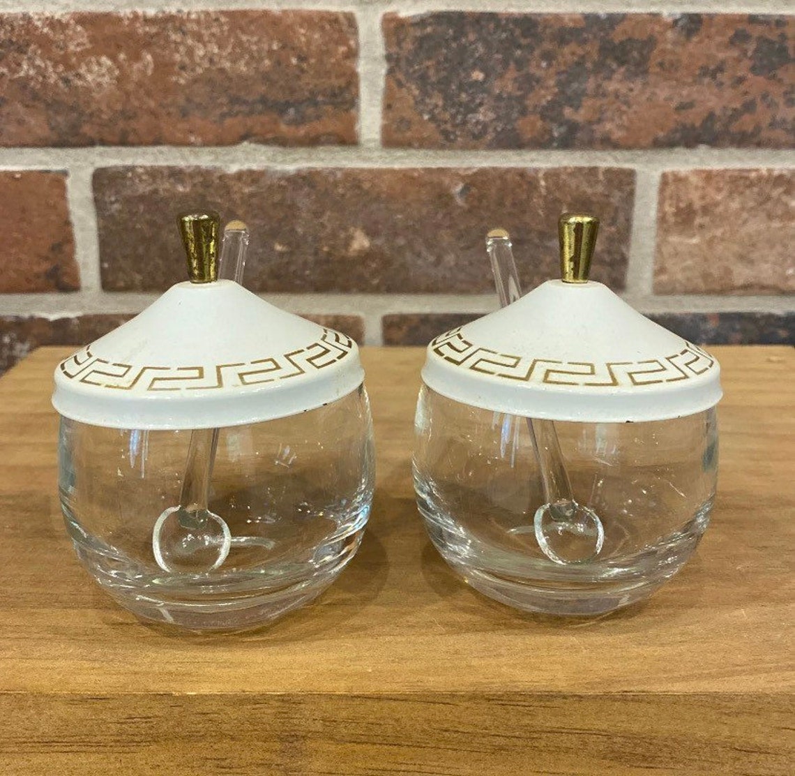 Vintage Mcm Condiment Jelly Jars, Honey Pots, Jam Jars Greek Key Mcm ...