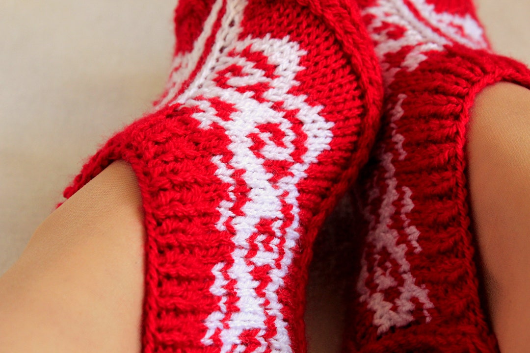 Knitted Slippers Red and White Fair Isle -without Sewing - PDF Pattern ...
