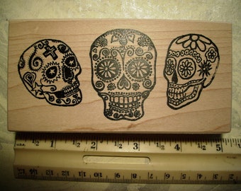 Dia De Los Muertos Day of the Dead 3 Skulls No.11 Rubber Stamp | Etsy
