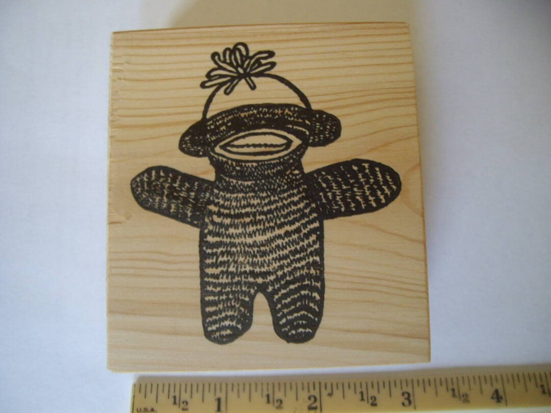 Sock Monkey Standing Cute Stuffed Toy, Childhood Wood Mounted ...