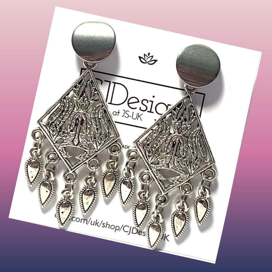 Filigree Diamond Shape Tibetan Silver Earrings With Stainless Steel Ear ...