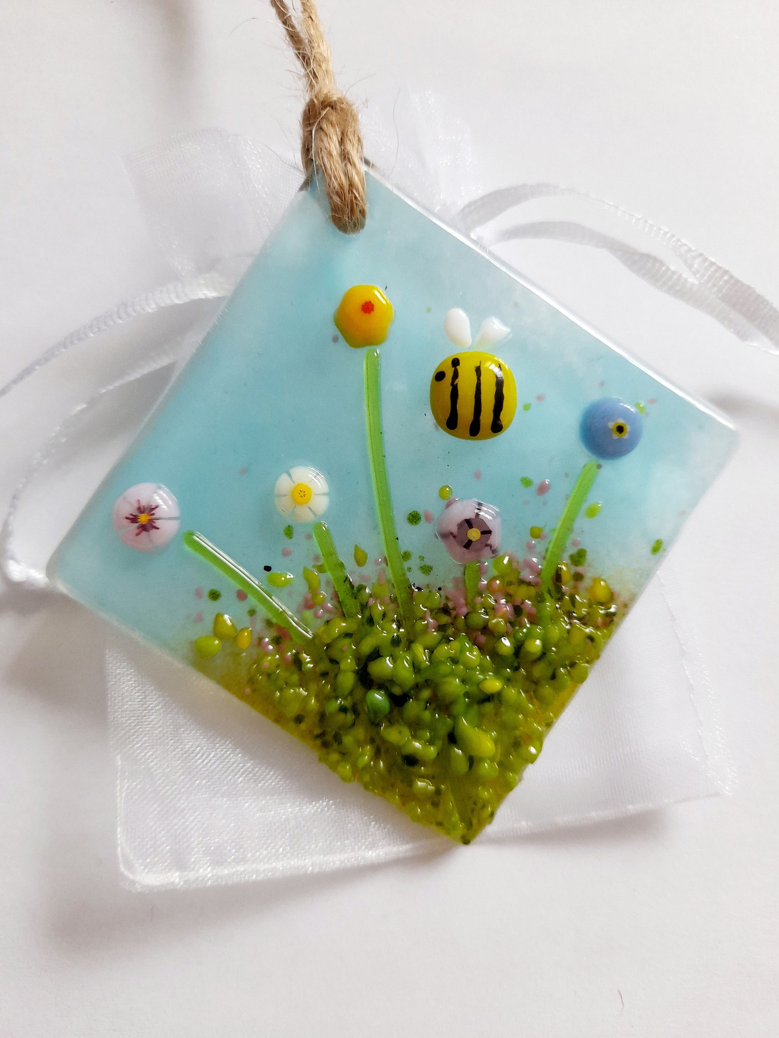 Fused Glass Suncatcher With Flowers and Bee Hanging Ornament Gift ...