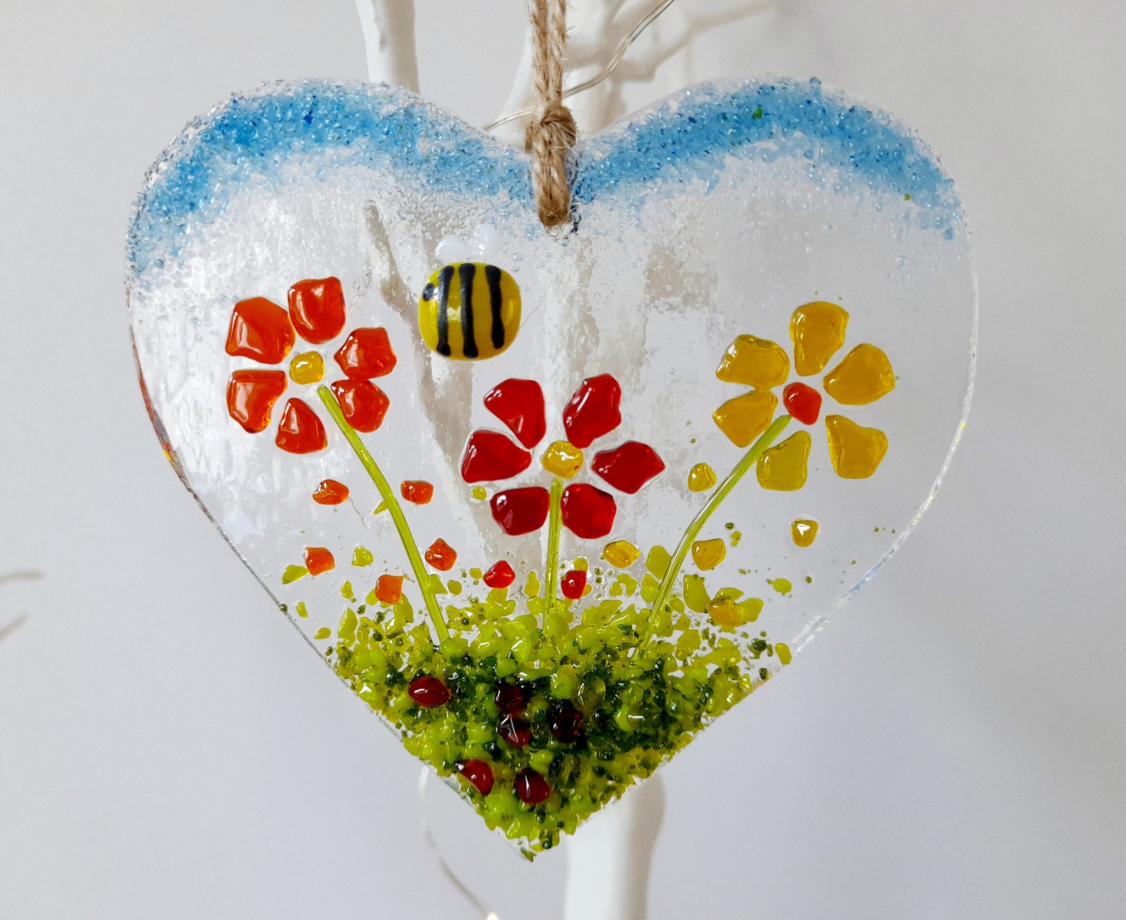 Hanging Fused Glass Heart With Flowers and Bee Valentine's - Etsy