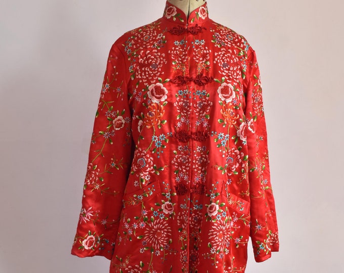 Vintage 1960s Chinese Hand Embroidered Floral and Bird Red Silk Jacket ...