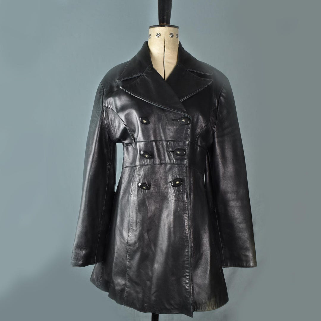 Vintage 1990s Ashy Black Leather Collared Double Breasted Jacket - 90s ...