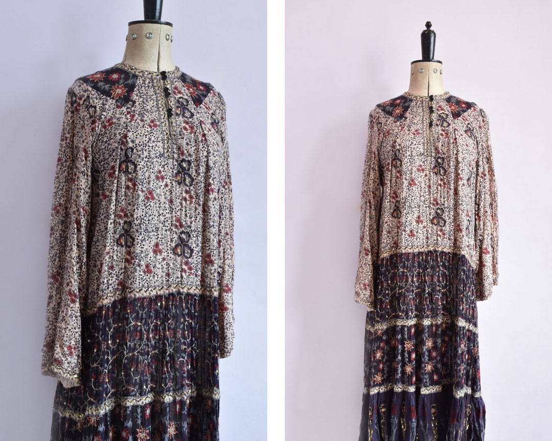 Vintage 1970s Indian Cotton Floral Gold Dress Hippie Hippy Ethnic ...
