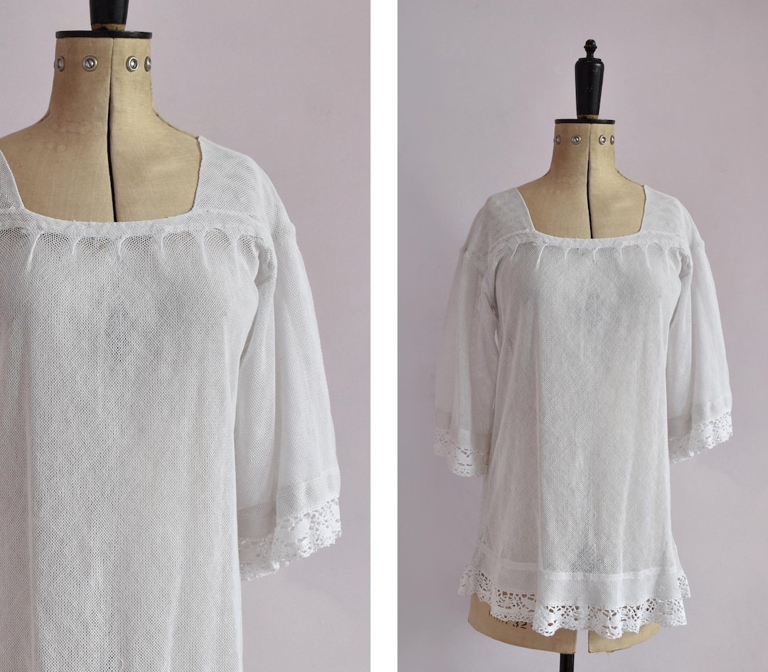 Antique French Victorian Edwardian White Cotton Net Crochet Lace Smock ...