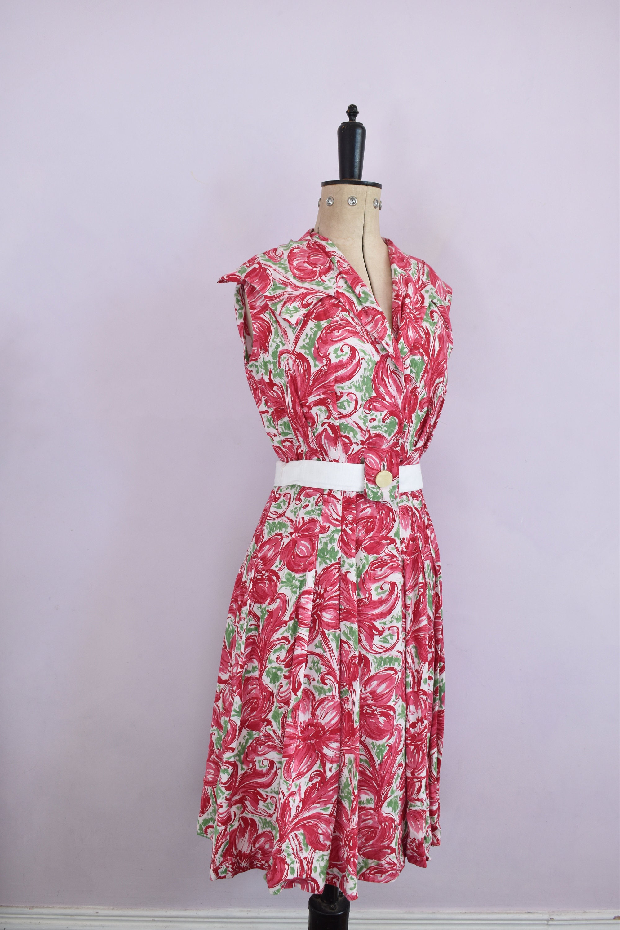 Vintage 1940s 50s Pink Floral Rayon Collared White Belt Dress - Etsy