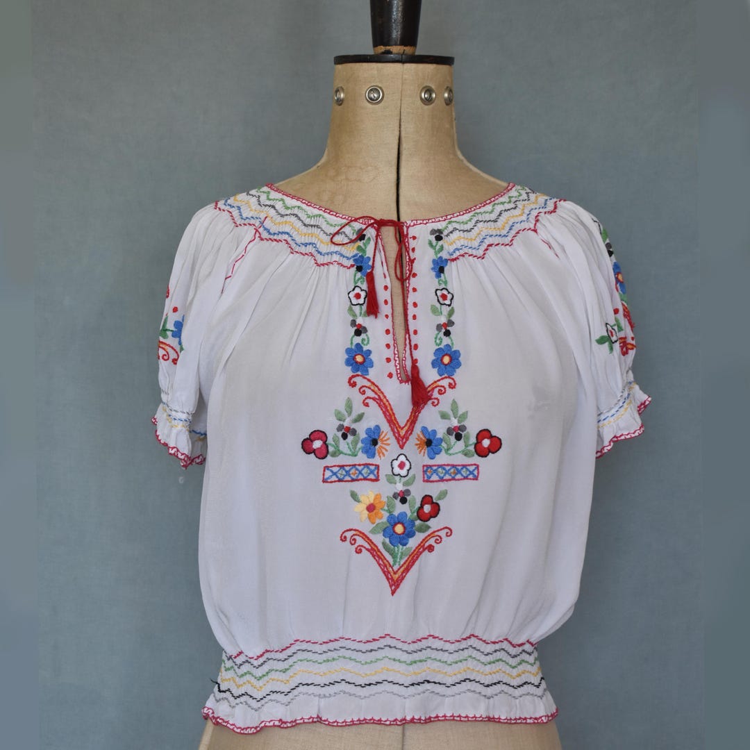 Vintage 1930s Hungarian Embroidered Rayon Silk Crepe Blouse - 30s ...