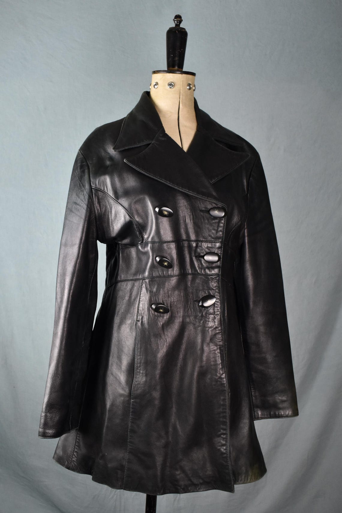 Vintage 1990s Ashy Black Leather Collared Double Breasted Jacket - 90s ...