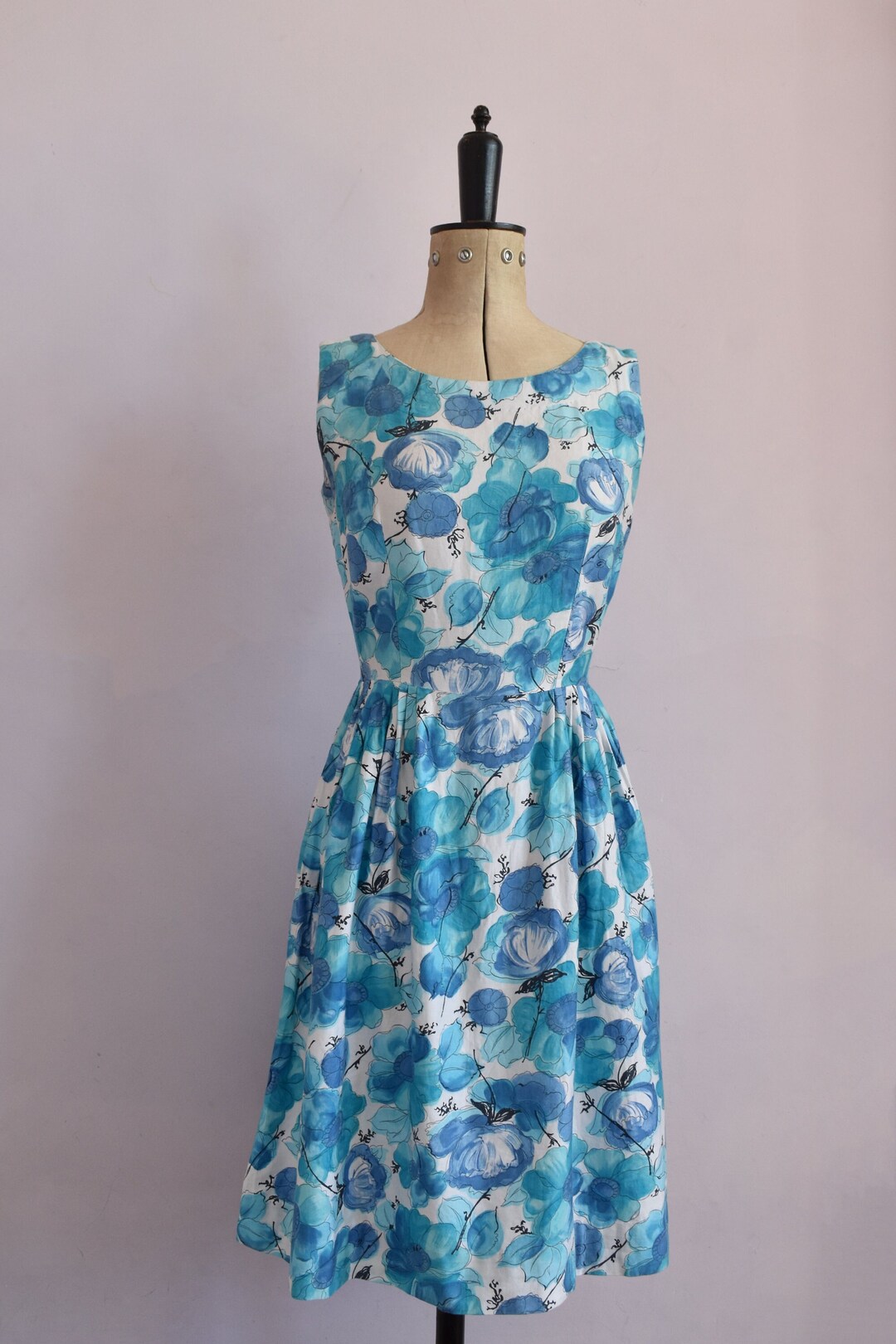 Vintage 1950s Blue Floral Fit & Flare Cotton Day Dress - 50s Floral ...