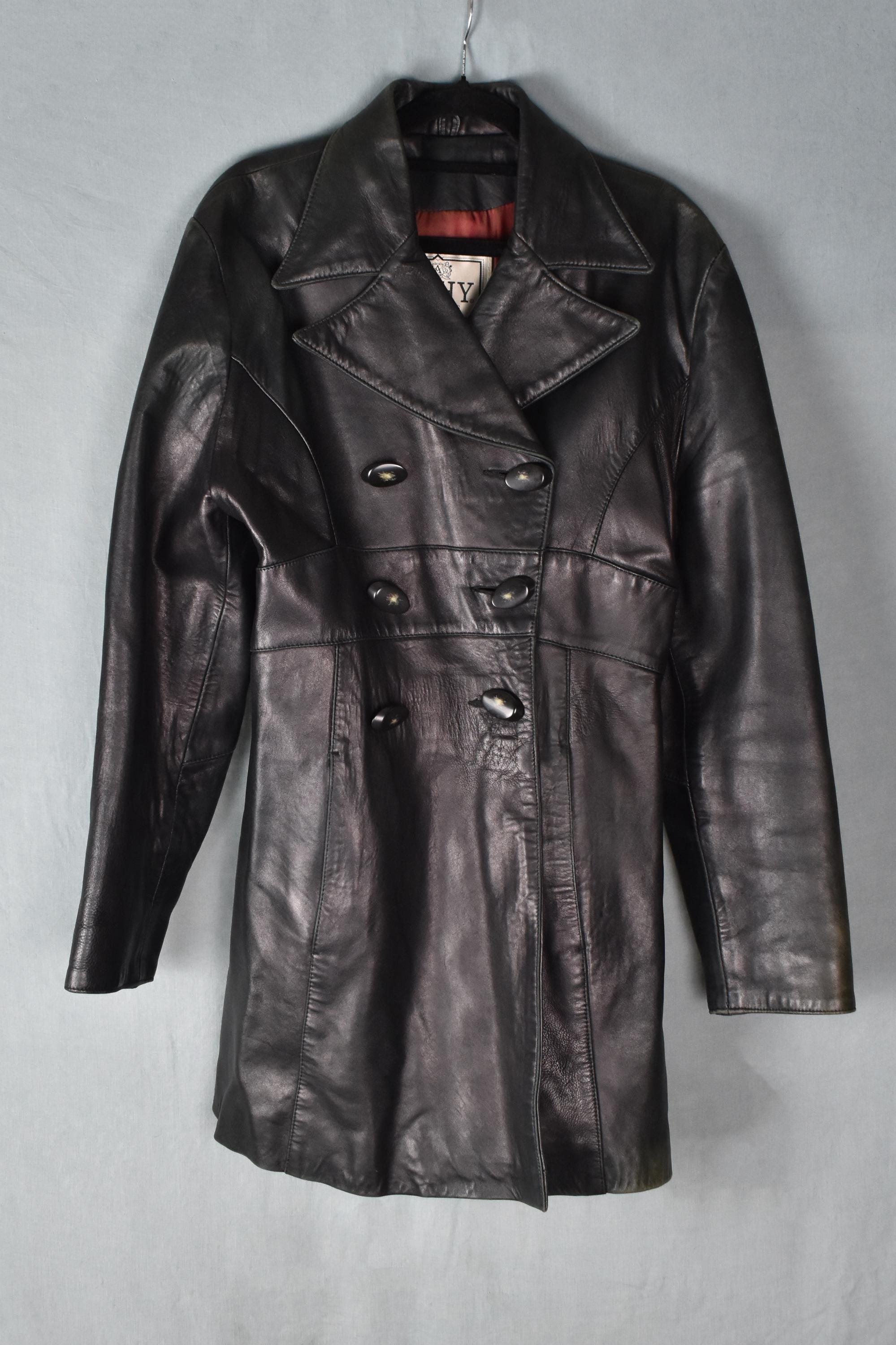 Vintage 1990s Ashy Black Leather Collared Double Breasted Jacket - 90s ...