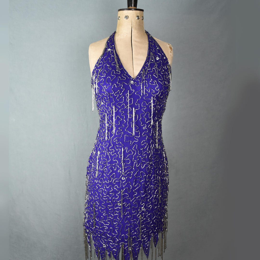 Vintage 1980s - 90s Nite Purple & Silver Beaded Fringe Showgirl Halter ...