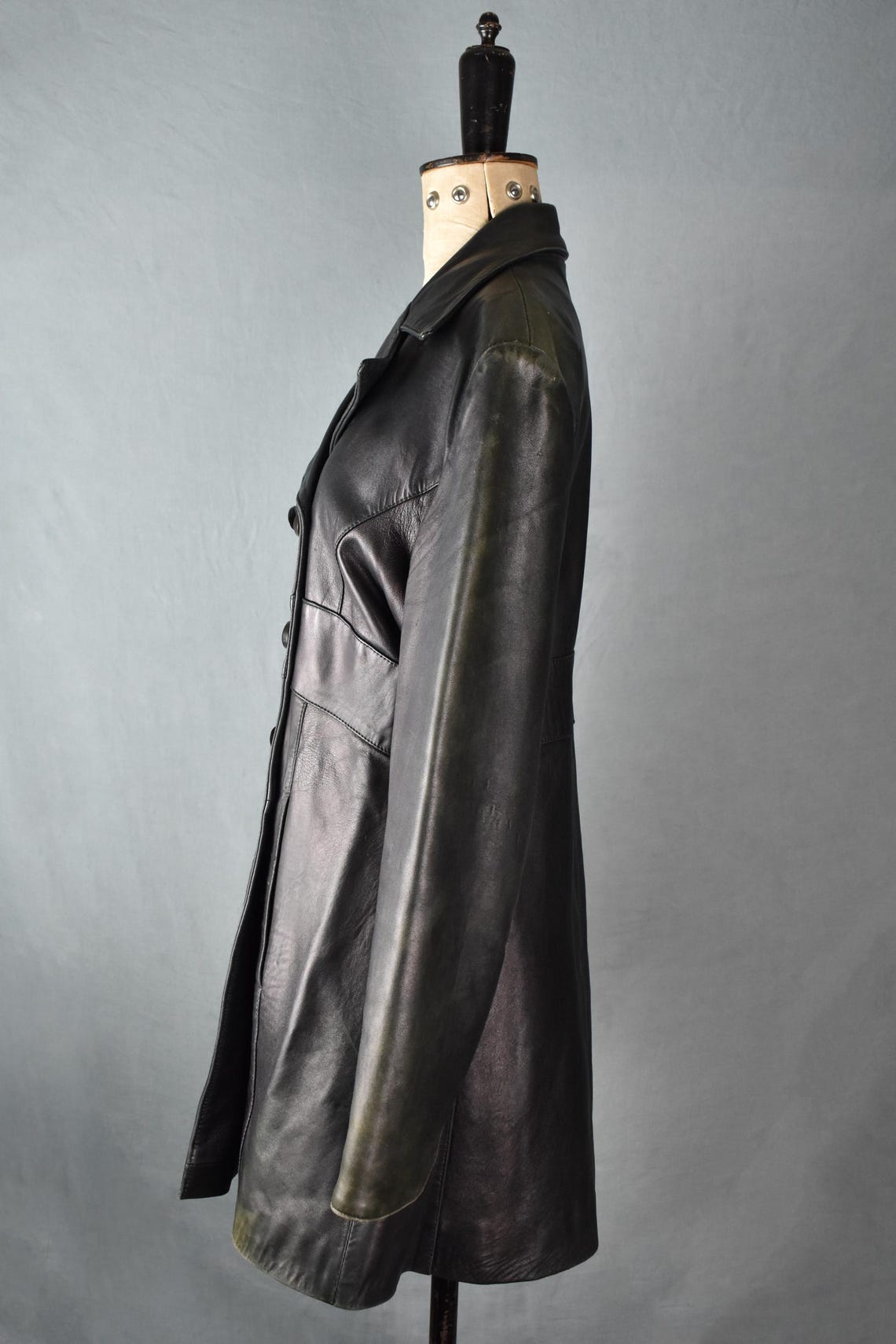 Vintage 1990s Ashy Black Leather Collared Double Breasted Jacket - 90s ...