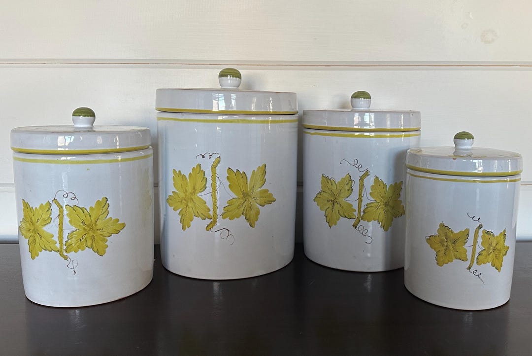 Set of 4 Italian Ceramic Canisters With Floral Painting - Round - White ...