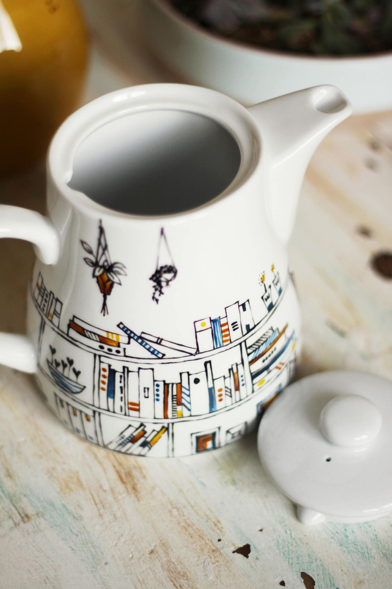 Hand Painted Teapot - Book A Holic With Hanging Plants - Porcelain ...