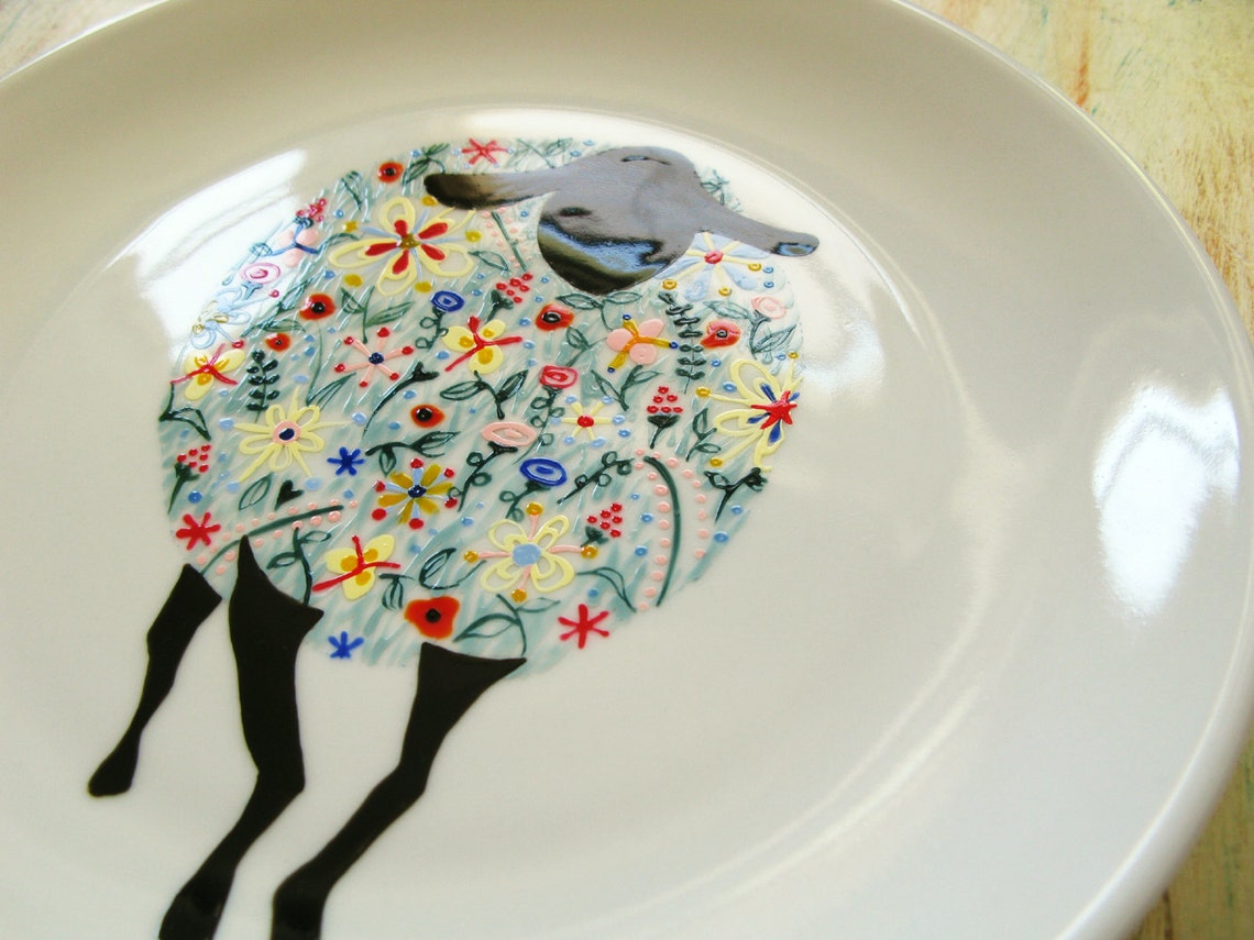 Hand Painted Decorative Ceramic Plate - Wildflower Sheep - Etsy