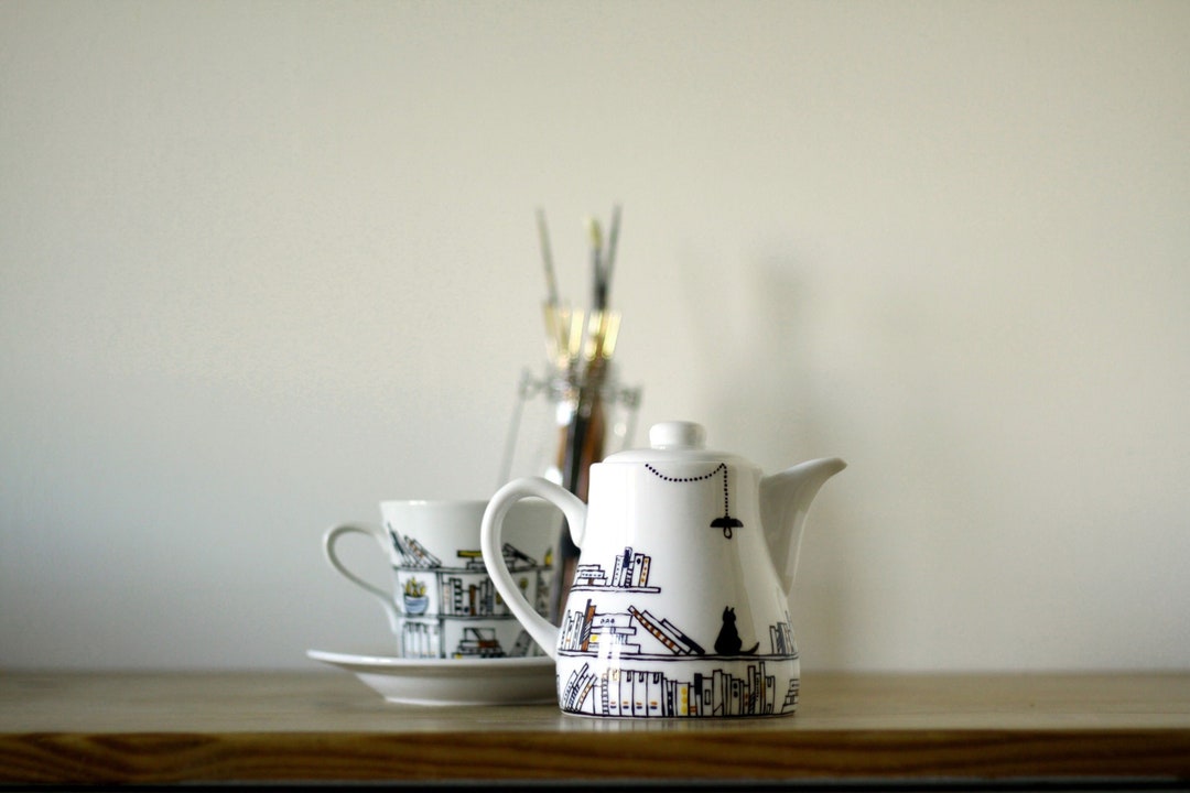 Hand Painted Small Teapot - Book A Holic With Cat and Bird - Porcelain ...