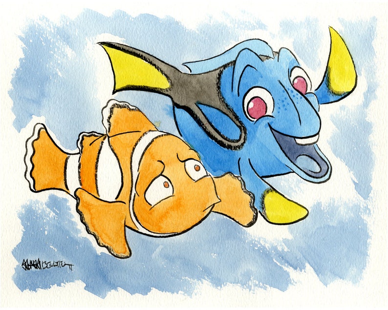 Finding Nemo Marlin and Dory Original Ink and Watercolor - Etsy