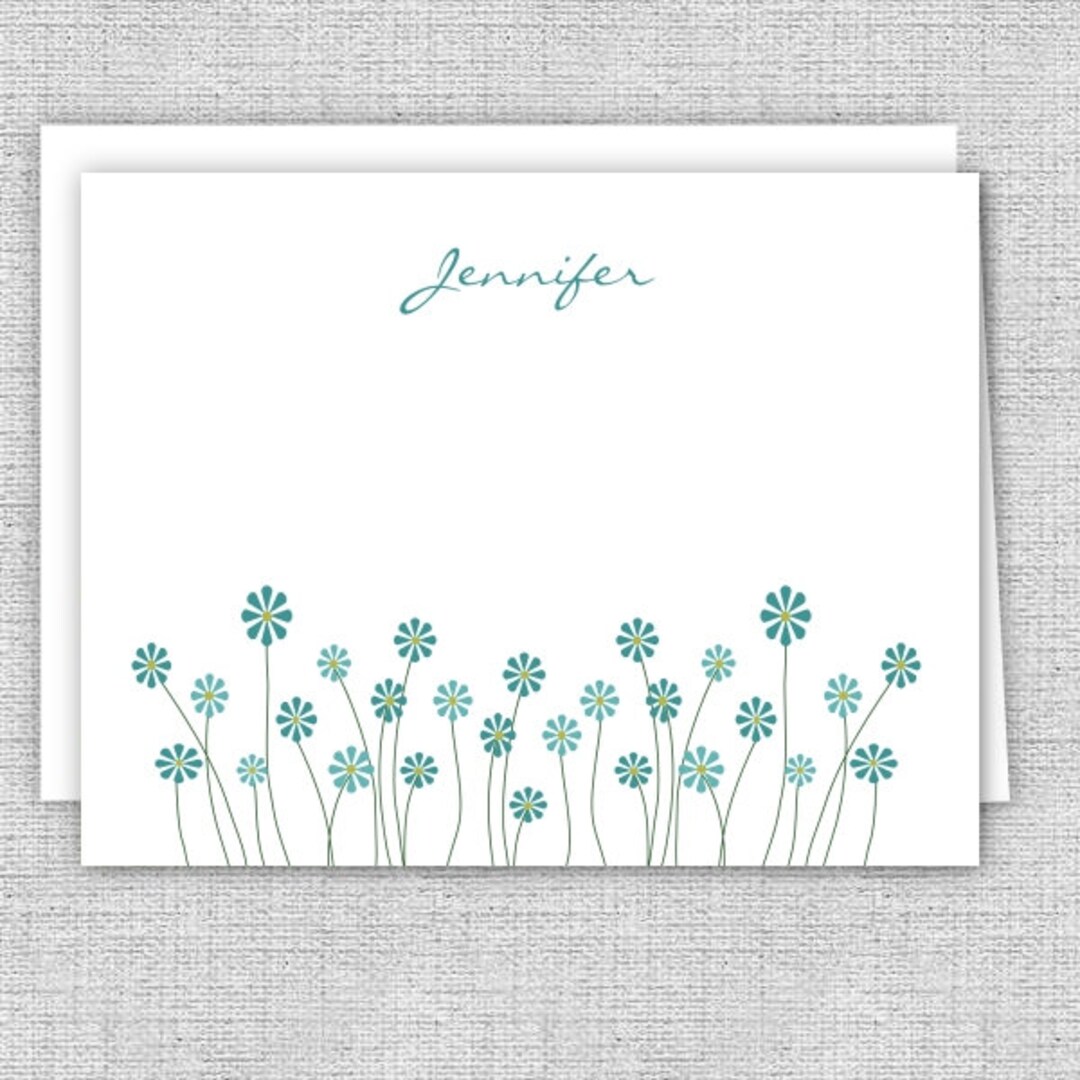 Personalized Note Cards, Tiny Teal Flowers, Personalized Stationery ...