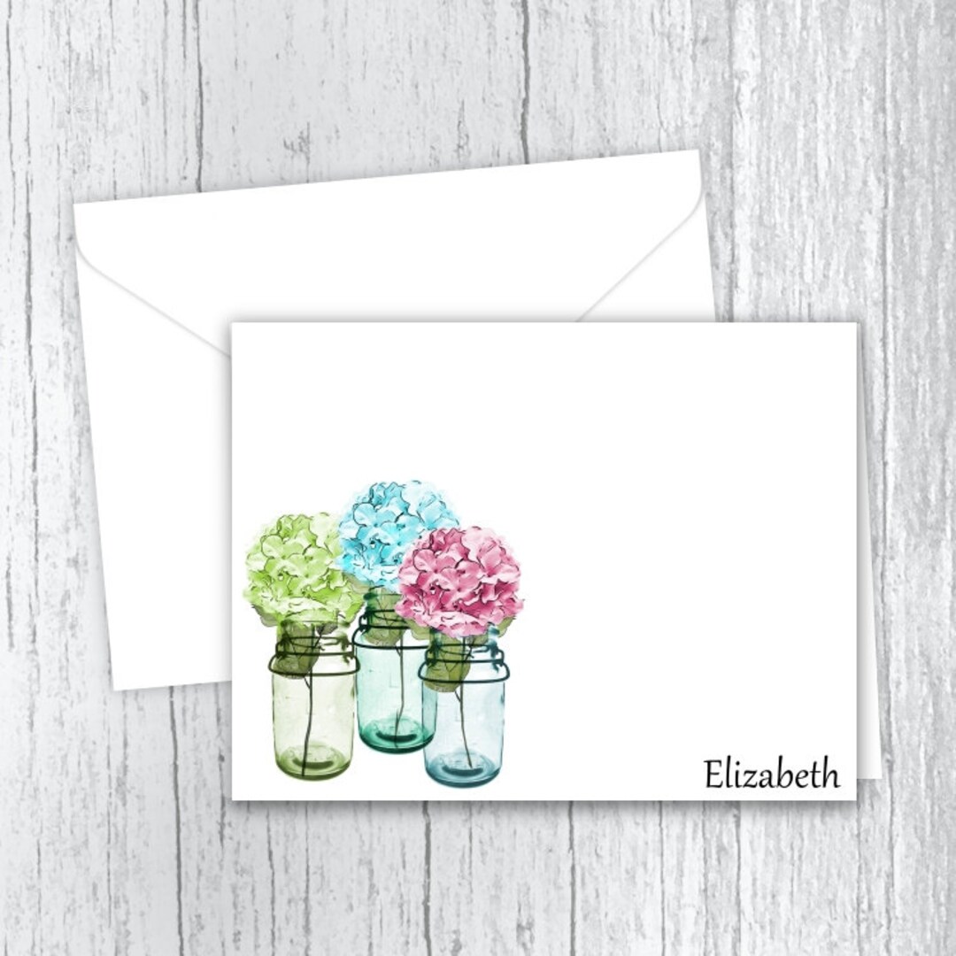 Personalized Note Cards, 3 Mason Jar Hydrangeas, Flower Stationery, 10 ...