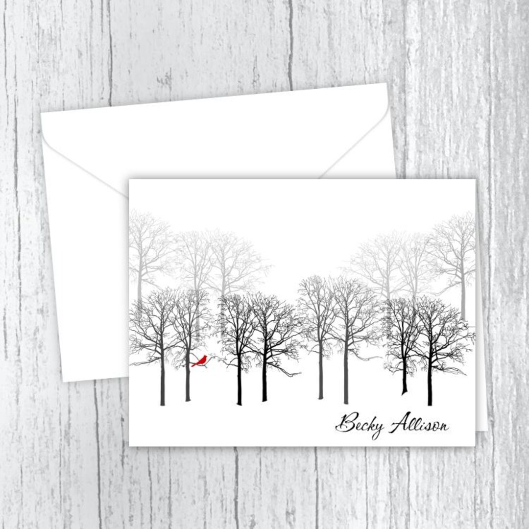 Personalized Note Cards Stationery, Red Bird in the Forest, Set of 10 ...
