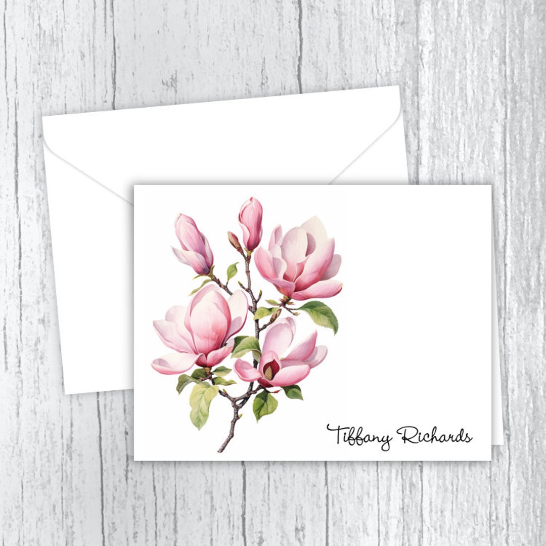 Personalized Note Cards, Pink Magnolia Flowers, Stationery, Set of 10 ...