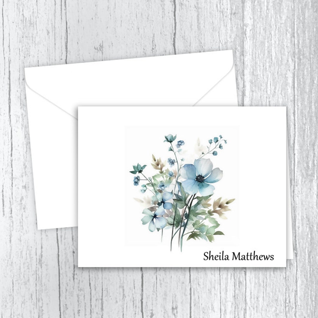 Personalized Note Cards, Blue Floral Bouquet, Stationery, Set of 10 ...