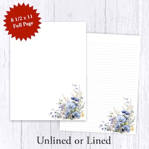 Blue Flowers Writing Paper - Botanical Stationery Set (8.5 X 11, Lined ...