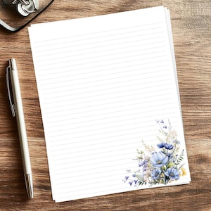 Blue Flowers Writing Paper - Botanical Stationery Set (8.5 X 11, Lined ...