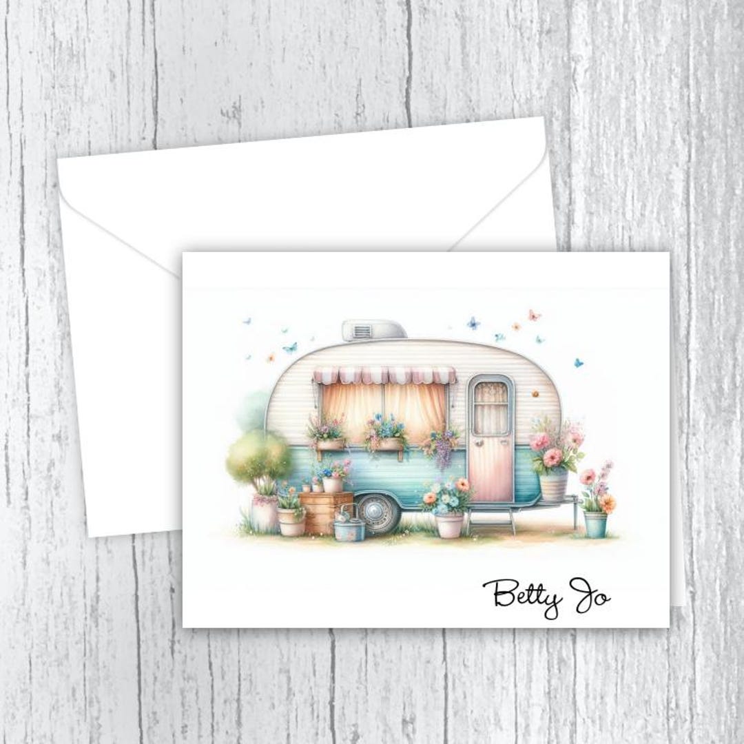 Personalized Note Cards, Let's Go Camping Trailer, Stationery, Set of ...