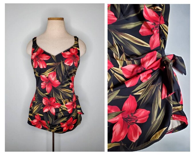 80s One Piece Swimsuit / Vintage Red Bathing Suit / Hawaiian Hibiscus ...