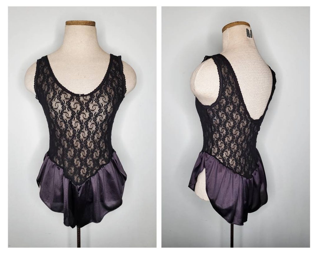 Vintage Black Lace One Piece Lingerie Skirted Teddy Medium Gloria