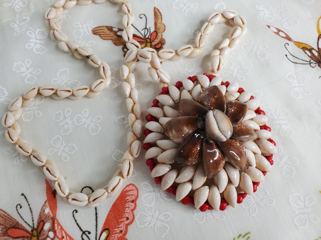 Vintage Huge Handmade Shell Pendant Real Seashell Beaded Extra Long ...