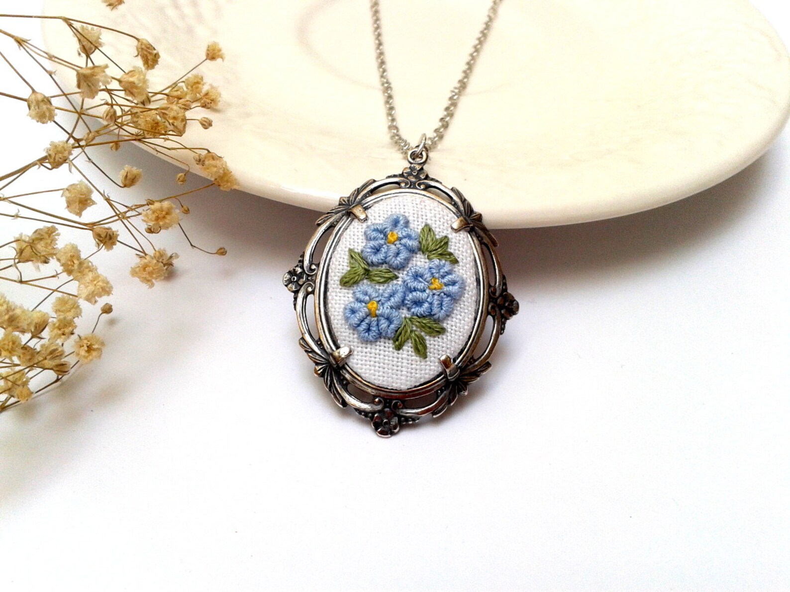 Forget Me Not Hand Embroidered Pendant Necklace - Etsy