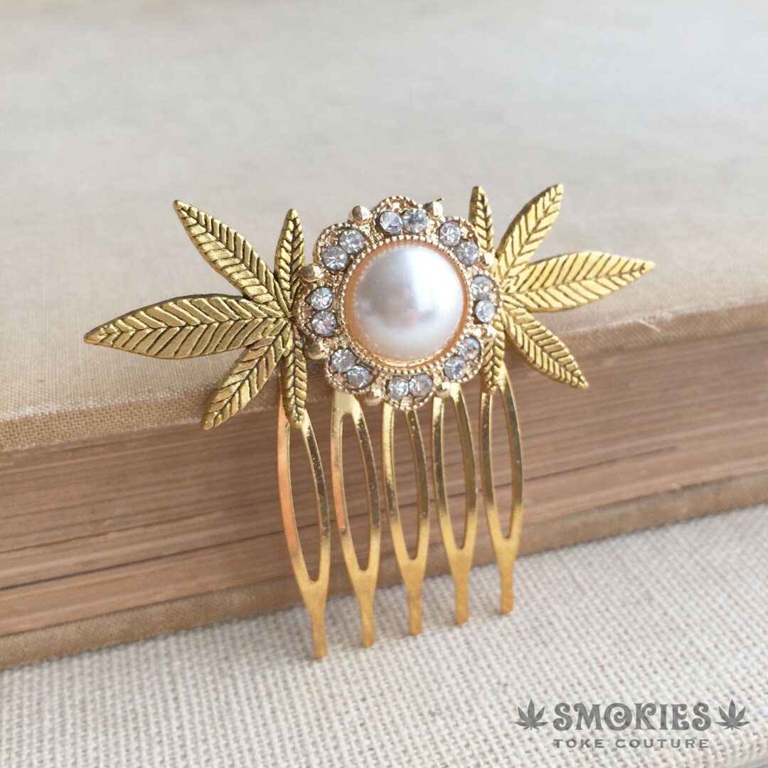 Gold Weed Pearl Comb 420 Wedding Gift Stoner, Art Deco Bridal Marijuana ...