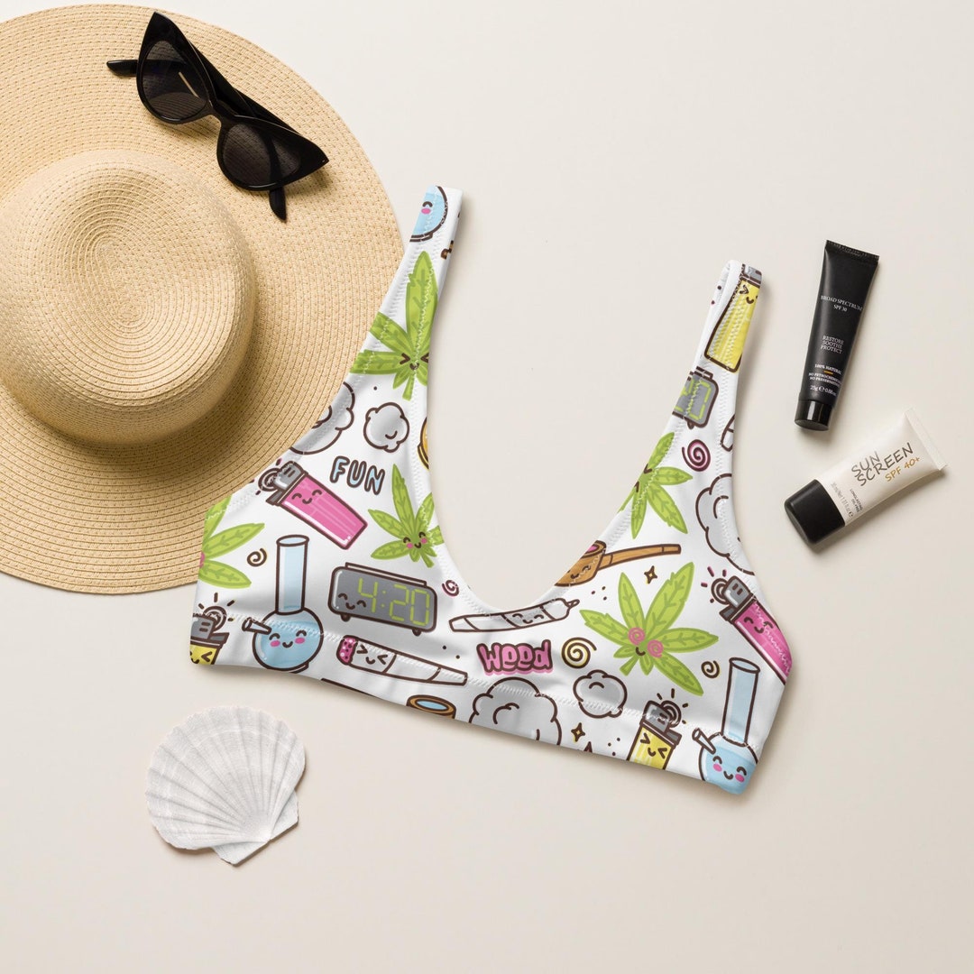 Weed Bikini Top Cute Kawaii Recycled Cannabis Crop Top Bikini Stoner ...