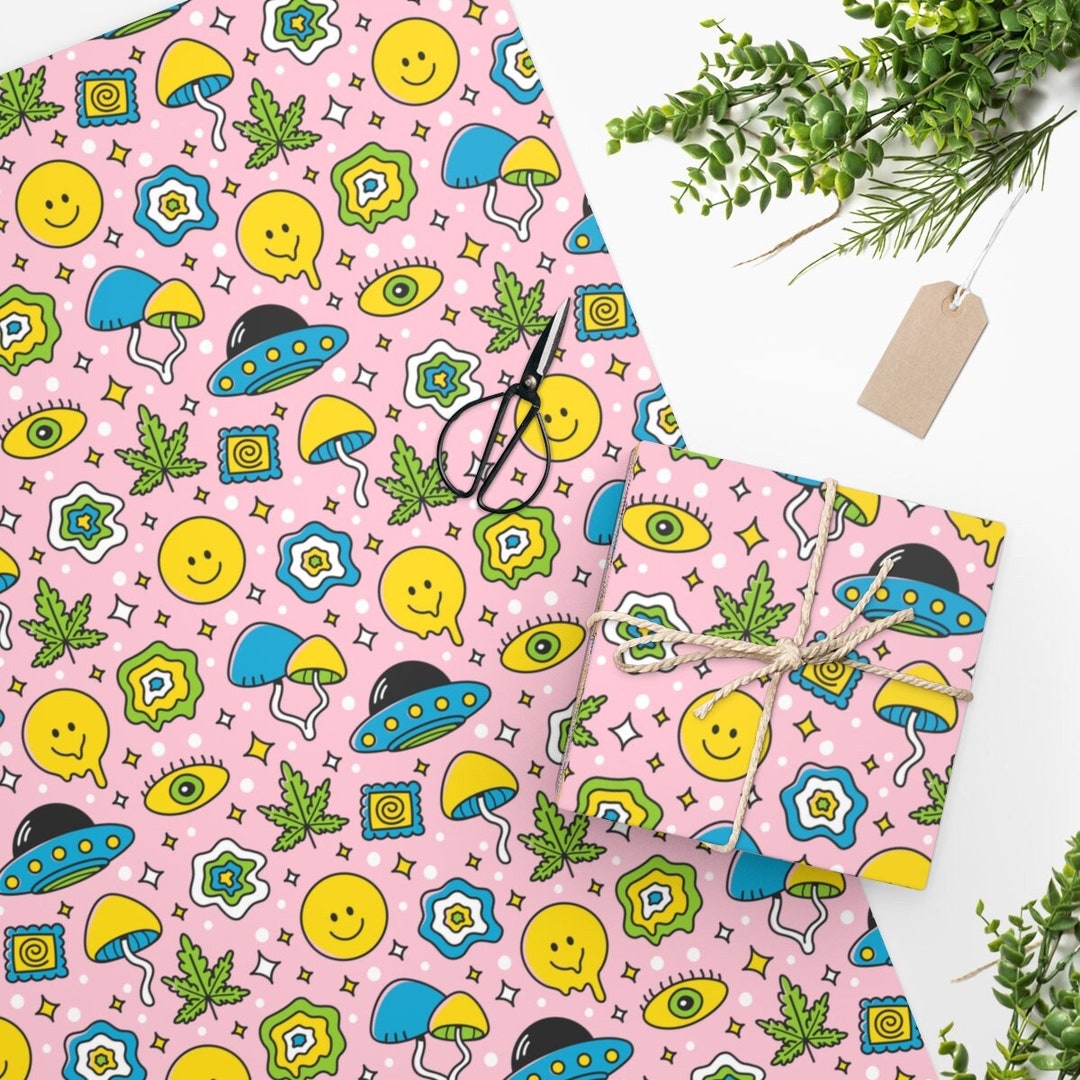 Retro Weed Gift Wrap Smiley Face Mushroom Wrapping Paper 90's Aesthetic ...