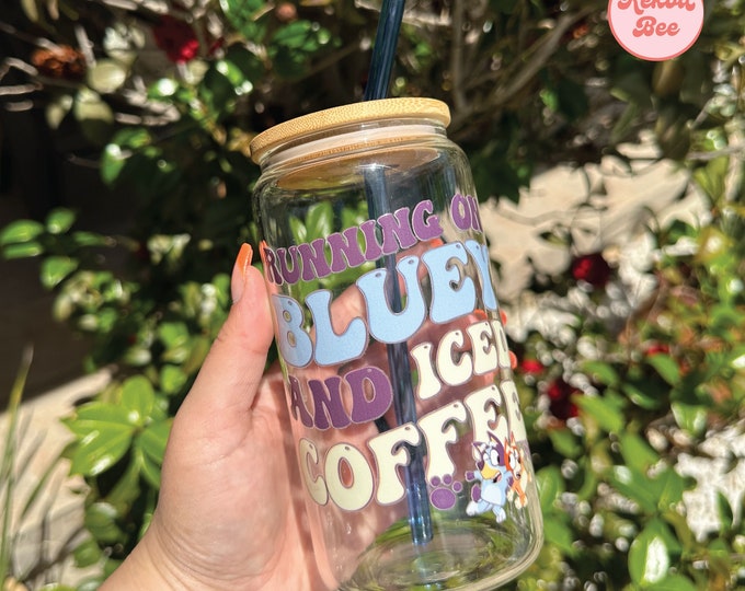 BLUEY Cartoon Iced Coffee Glass Cup Tumbler 16oz. Bamboo Lid - Etsy