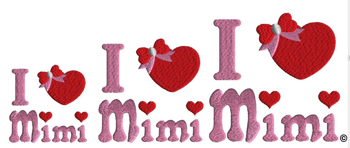Embroidery Design, I Love Mimi , Filled Stitch, 3 Size Machine ...